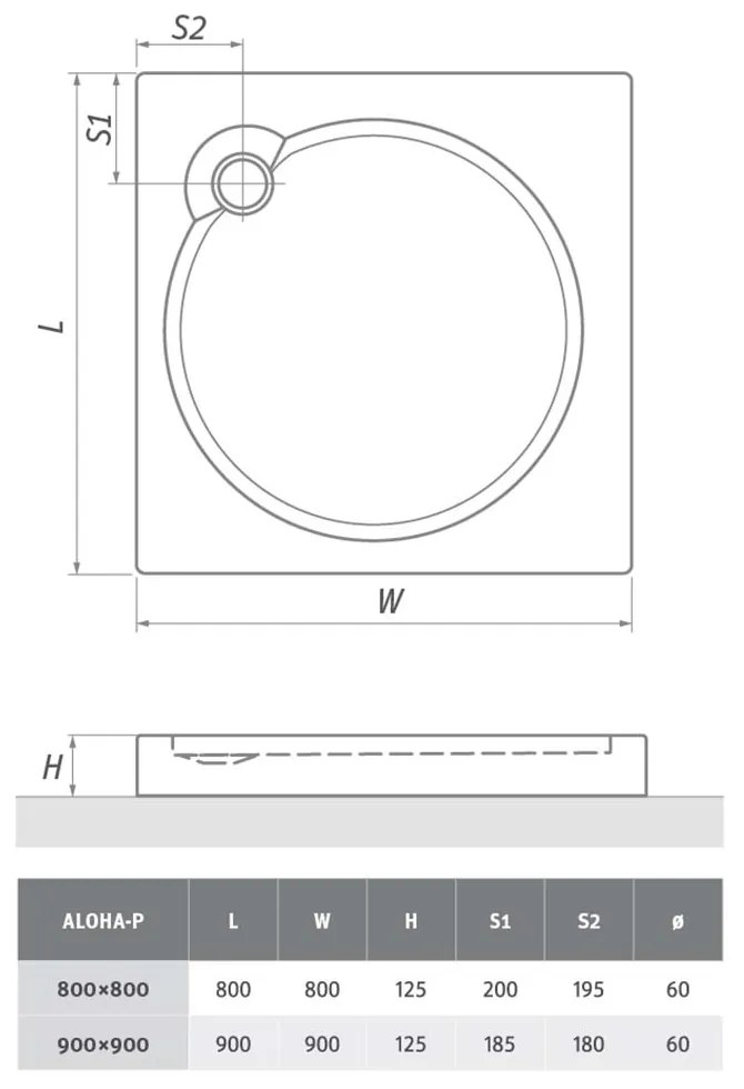 Roth Samonosná čtvercová sprchová vanička ALOHA-P Varianta: rozměry: 90x90 cm - (ALOHA-P - SANIPRO 900 - 8000149)