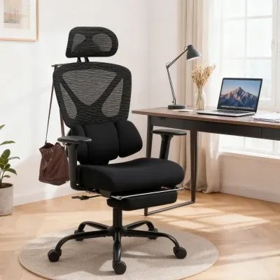 HOMCOM Ergonomická kancelářská židle s kolečky, síťovinou, bederní opěrkou, počítačová židle s područími, nastavitelnou opěrkou hlavy
