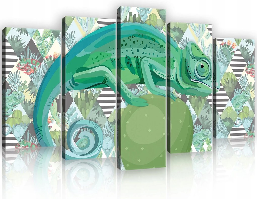 Obraz 100x60 modulární triptych chameleon tropy sukulenty zelený moderní
