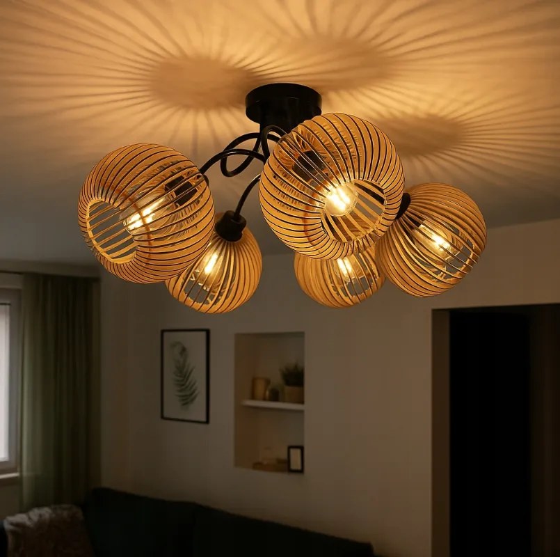 Dřevěná LED stropní lampa na závěs 5xE27 pro krásný a prostorný pokoj
