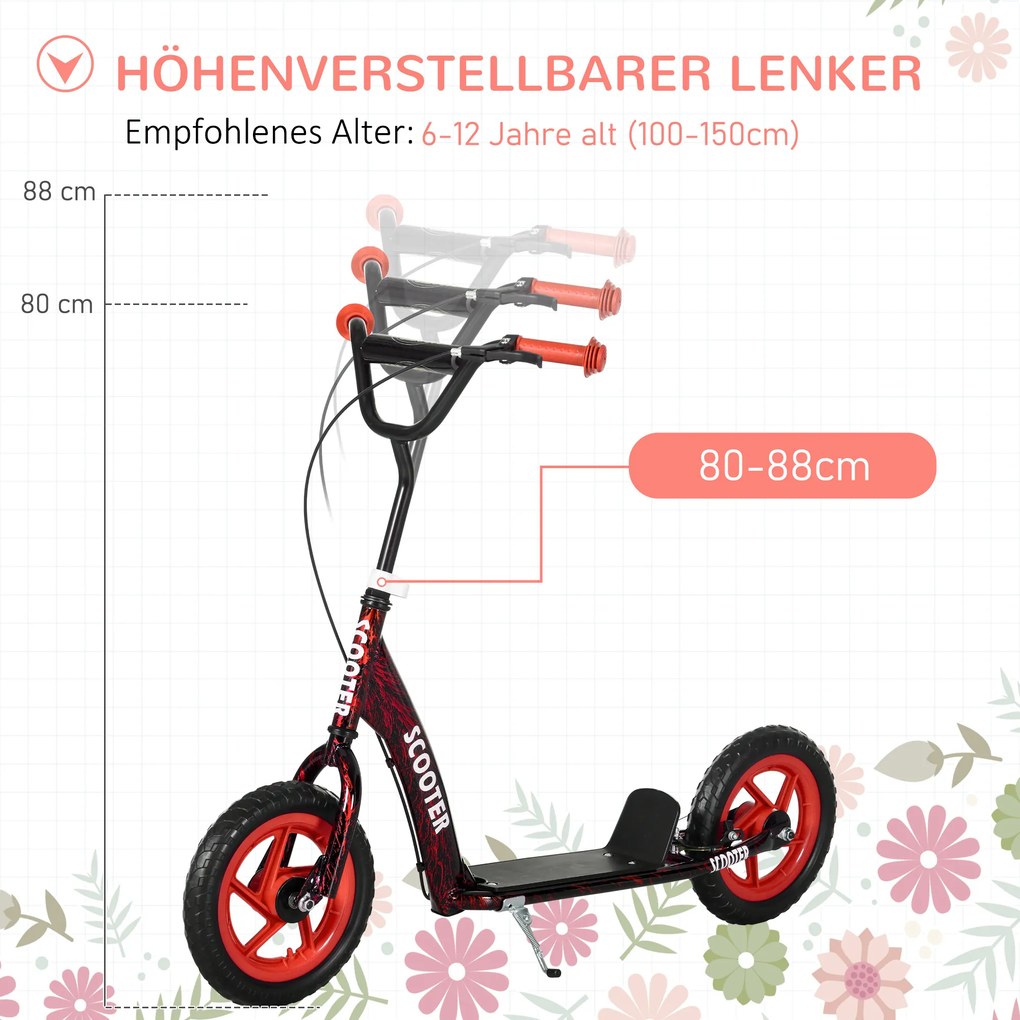 AIYAPLAY Dětská koloběžka, výškově nastavitelná koloběžka pro děti, s brzdou, stojan, 2 kola, nosnost 50 kg, ocel, plast, červená barva