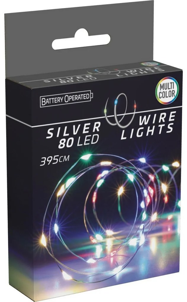 Světelný drát Silver, 4m, 80 LED, barevná, na baterie