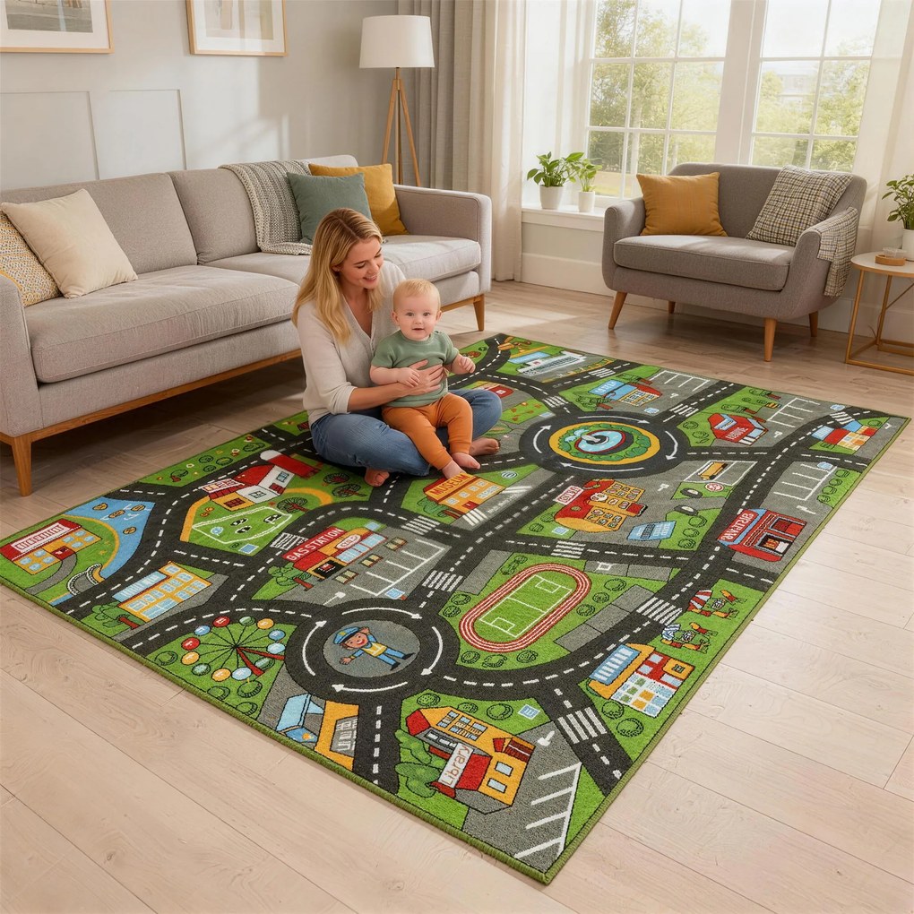 AIYAPLAY Dětská kobereček na lezení, hrací podložka 200x150x0,5 cm, protiskluzová deka s protiskluzovým spodkem s motivem města pro dětský pokoj