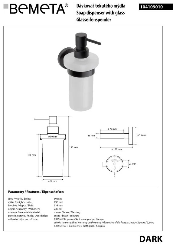 Bemeta Design DARK: Dávkovač mýdla 230 ml -