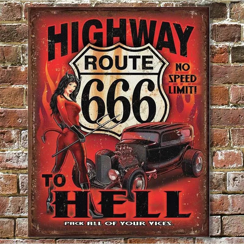 Plechová cedule Route 666 - Highway to Hell 32 cm x 40 cm
