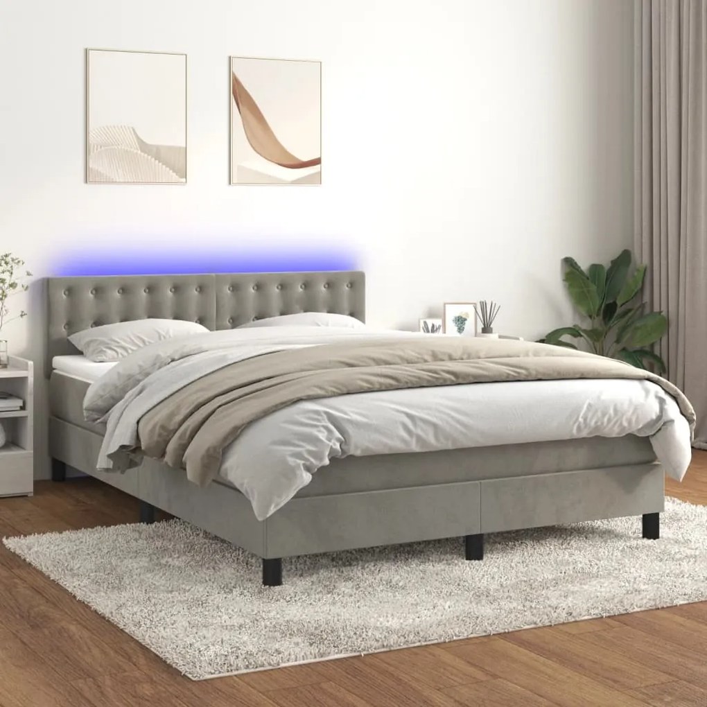 Box spring postel s matrací a LED světle šedá 140x190 cm samet 3134639