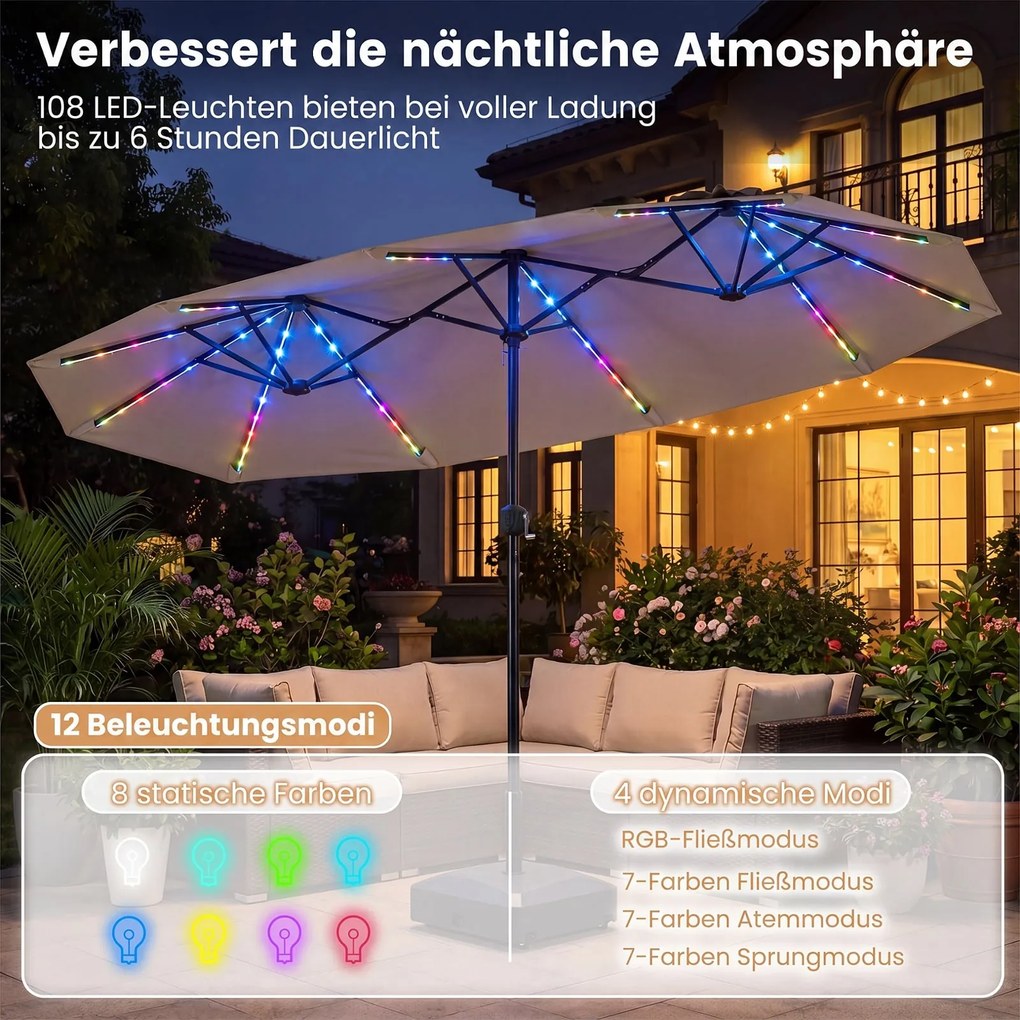 Costway Dvojitý slunečník s LED osvětlením Obdélníkový – 400 × 210 cm, hnědý
