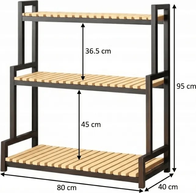 Stojan na květiny GREENY 3 police 95x80 cm, černý / dekor dub