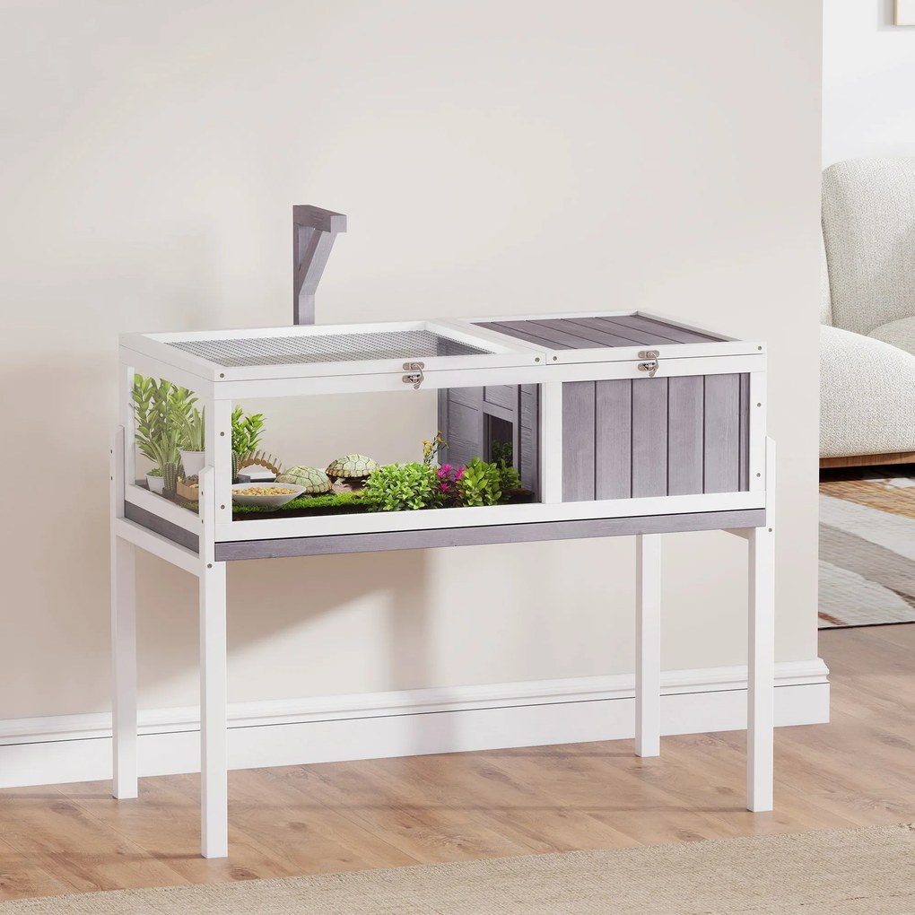 PawHut zvýšený dřevěný domek pro želvy – 2 zóny, držák na lampu, vysouvací zásuvka, šedý – 104 × 53 × 82 cm