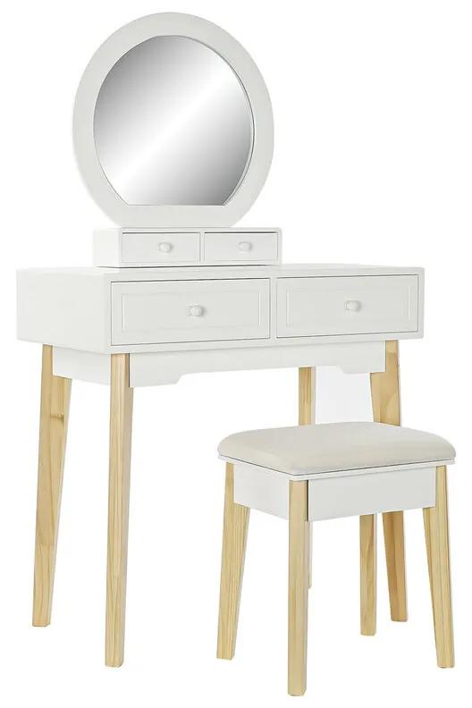 DKD Home Decor Toaletní stolek se zrcadlem a stoličkou, bílý, rozměry 75 x 40 x 129 cm
