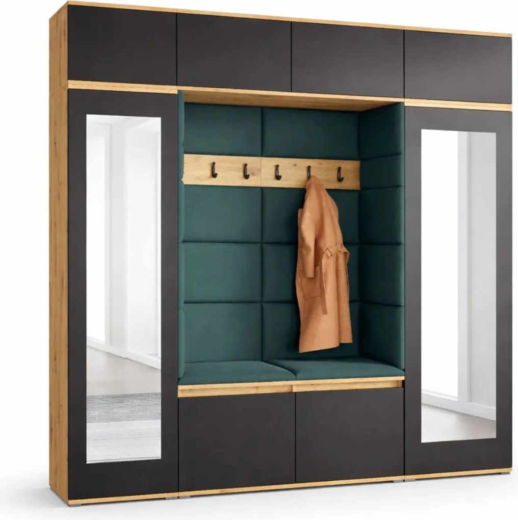 Sestava nábytku do předsíně Emi 32 se zrcadly a čalouněnými panely – barva dub artisan/černá