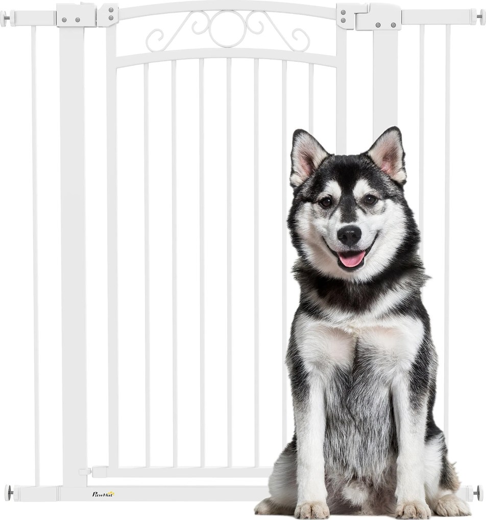 PawHut Pet Gate Dveře pro Psy 76-104 cm Bezpečnostní Brána pro Psy se 2 Prodlouženími 7/14 cm a Dvojitým Zámkem na Schody a Dveře Bílá | Aosom