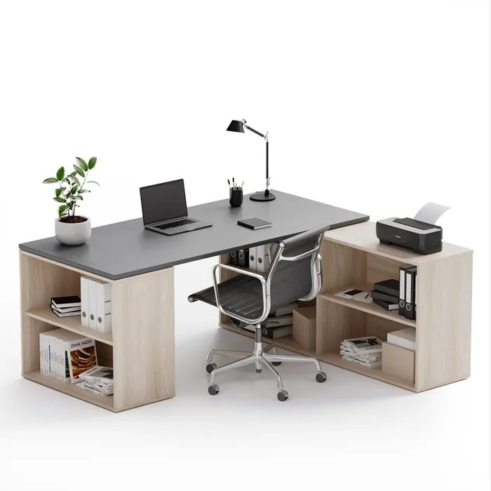 Kancelářský psací stůl s úložným prostorem BLOCK B01, 180 × 160 cm, dub přírodní/grafit