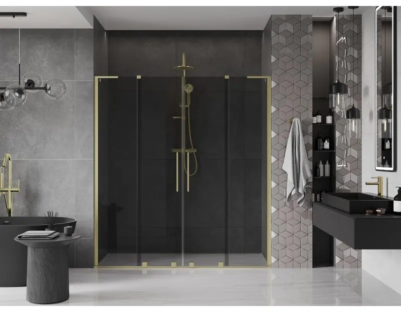 Mexen Velar L Duo, posuvné sprchové dveře do otvoru 180 cm, 8mm šedé sklo, zlatá matná, 871-180-003-42-55