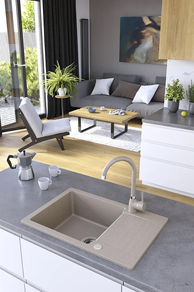 Kuchinox Celebes, 1-komorový granitový dřez 650x440x185mm s krátkým odkapávačem, béžová, LAV-SBL_413T