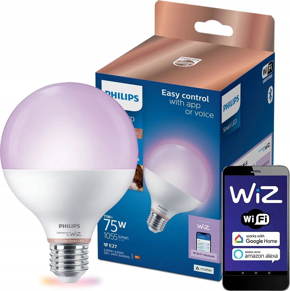 Led žárovka E27 G95 11W 75W 2200-6500K Rgb Smart WiFi Philips WiZ