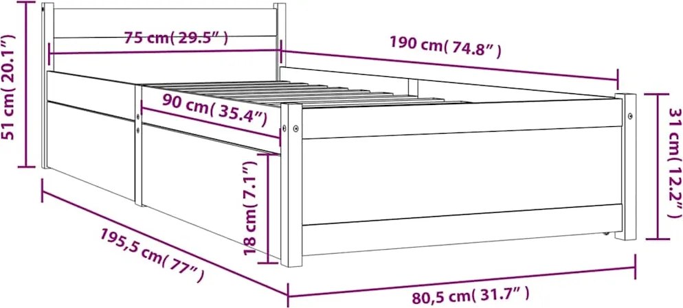 Rám postele se zásuvkami 75 x 190 cm Small Single 3103473