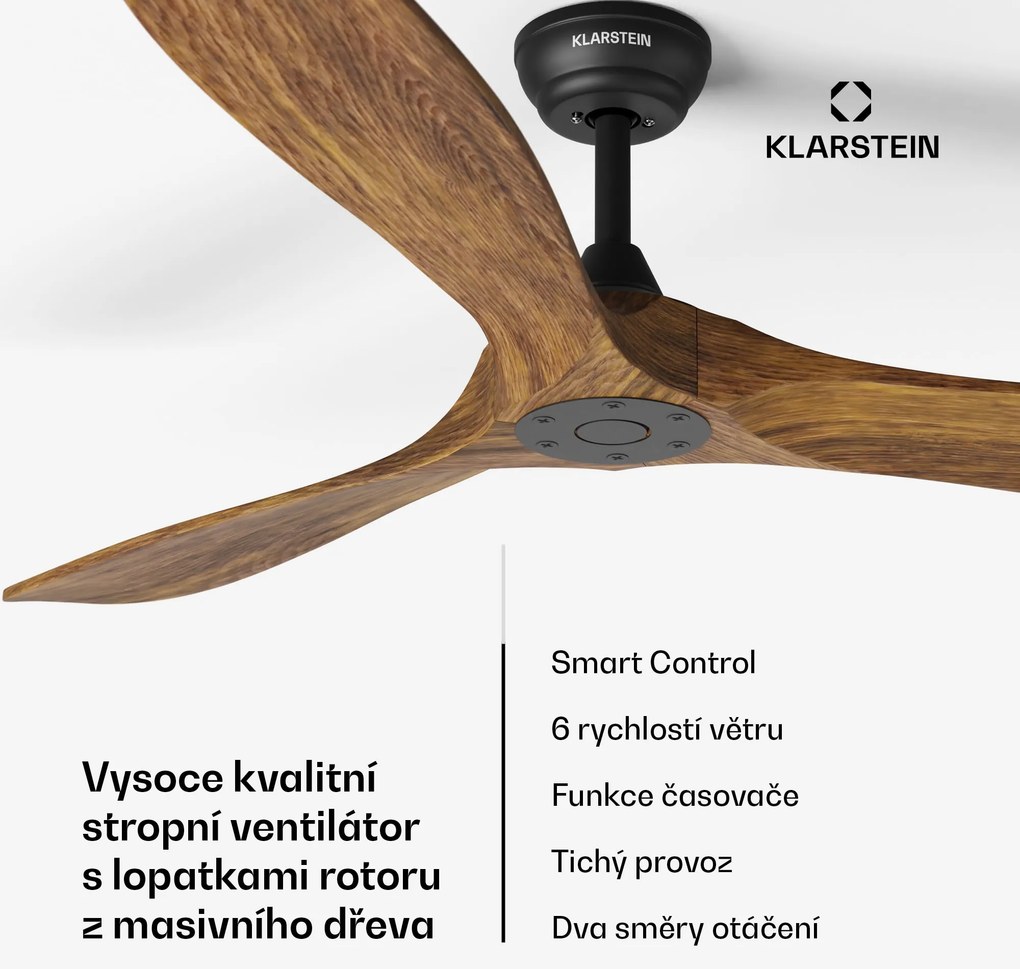 Klarstein Stropní ventilátor Bahama Breeze Smart, lopatky rotoru z masivního dřeva, dálkové ovládání + ovládání pomocí aplikace