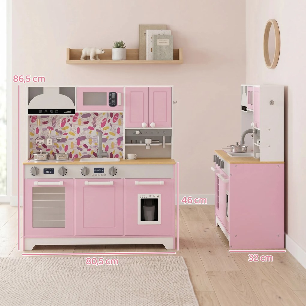 AIYAPLAY dřevěná herní kuchyňka s nerezovým příslušenstvím, kávovar na kapsle, výrobník zmrzliny, dřez, sporák, růžová