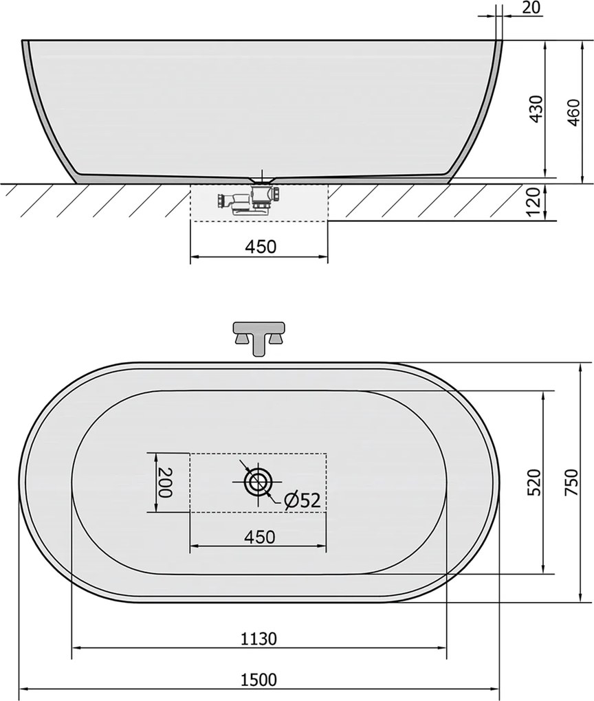 Polysan, REDUTA volně stojící vana litý mramor 150x75x46cm, bílá, 72843