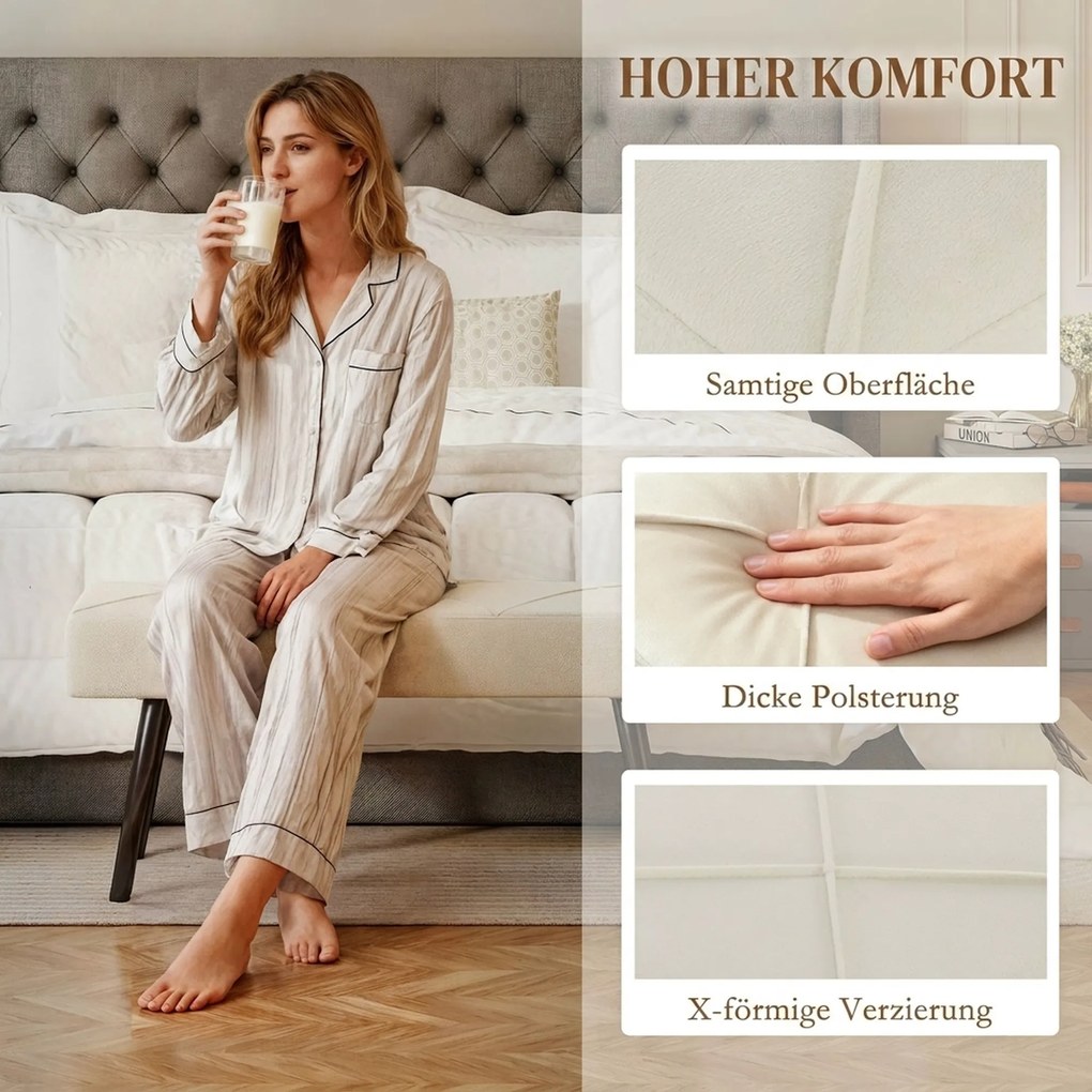 HOMCOM lavice s polstrováním, postelová lavice, vzhled sametu, 100 x 36 x 45 cm, krémově bílá