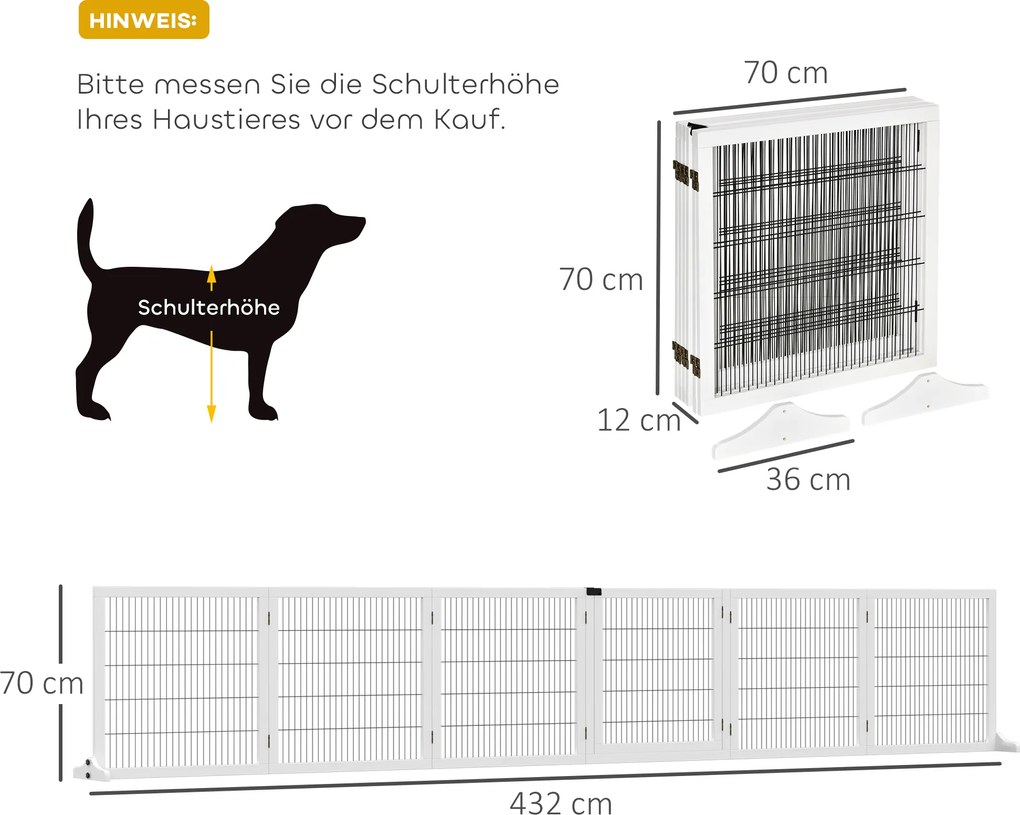 Zábrana pro psy, skládací, 432 x 36 x 70 cm, borovicové dřevo, bílá barva
