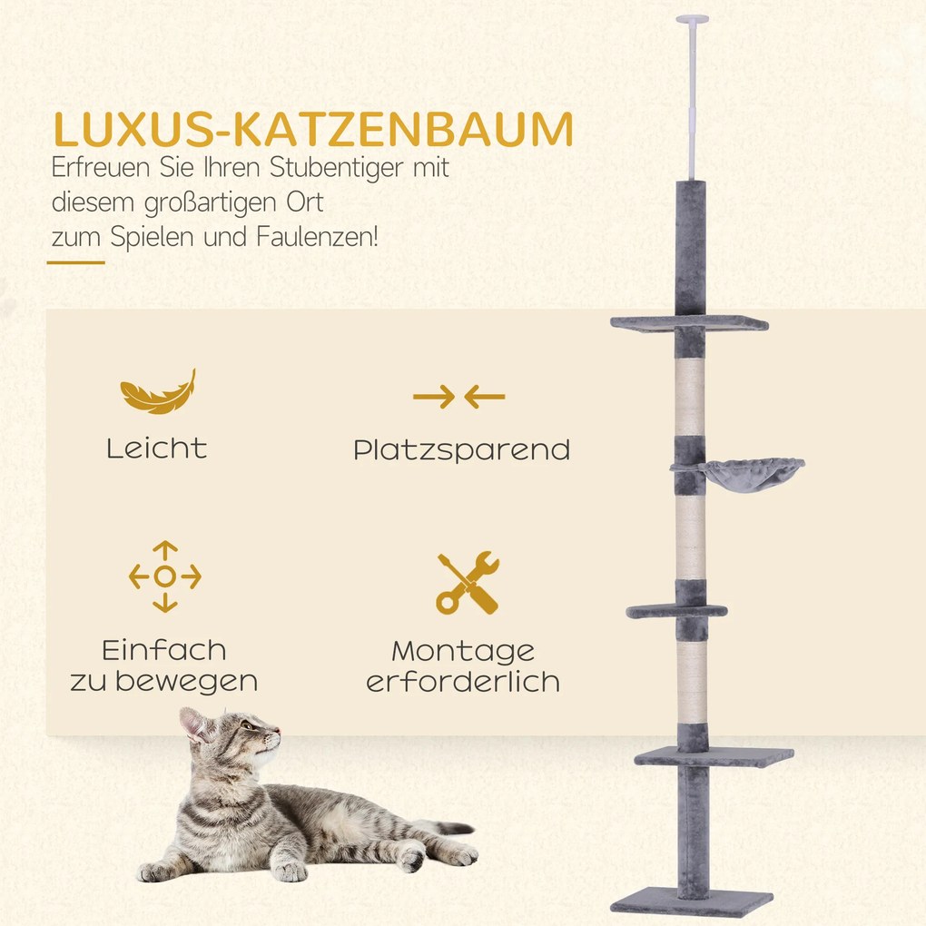 PawHut škrabadlo stropní vysoké šedé 40x34x230-260cm, výškově nastavitelný strom pro kočky se sisalovými sloupky pro šplhání a škrábání
