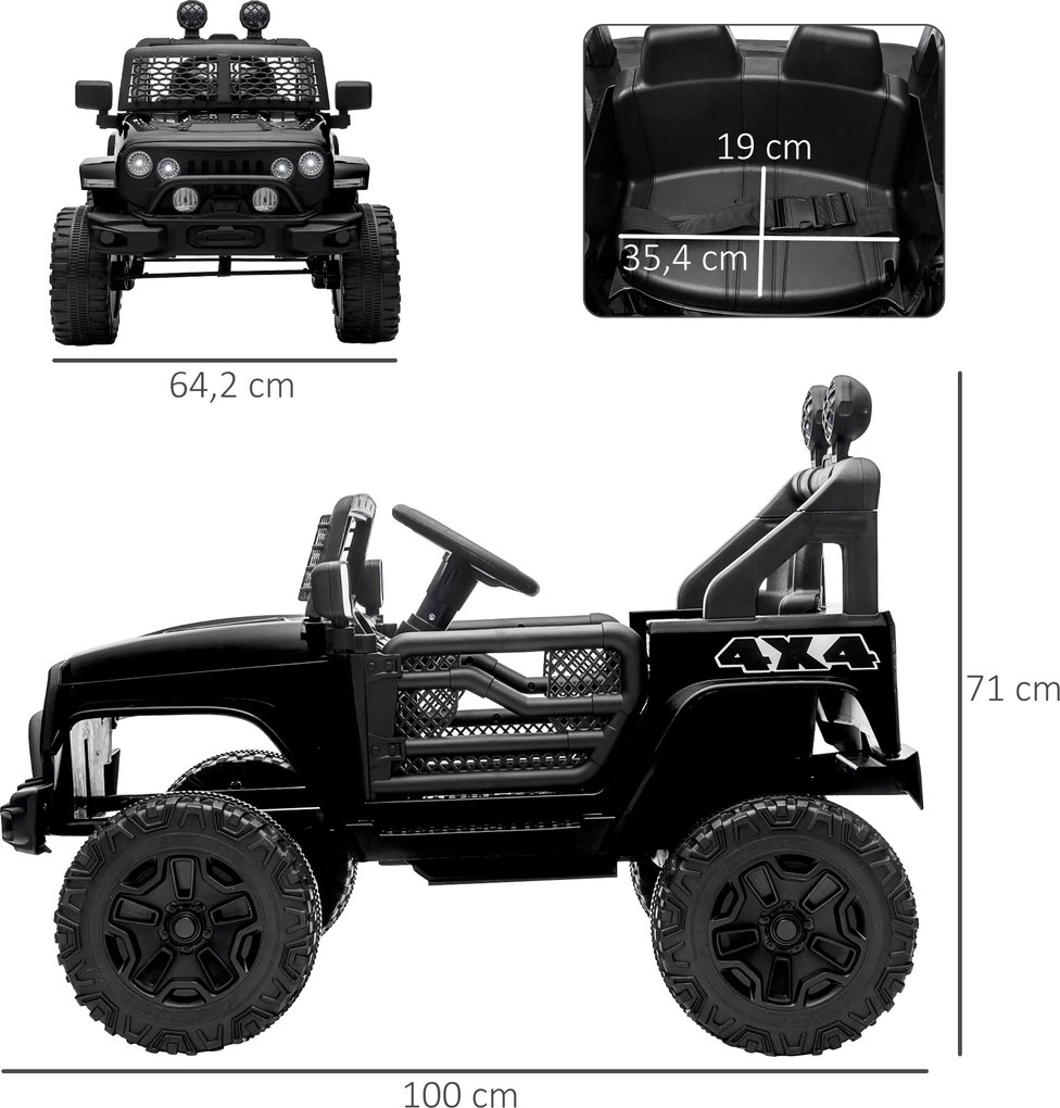 HOMCOM 12V Elektrické 4x4 Auto pro Děti s Dálkovým Ovládáním, Světly a Klaksonem - 3-6 Let - Černé