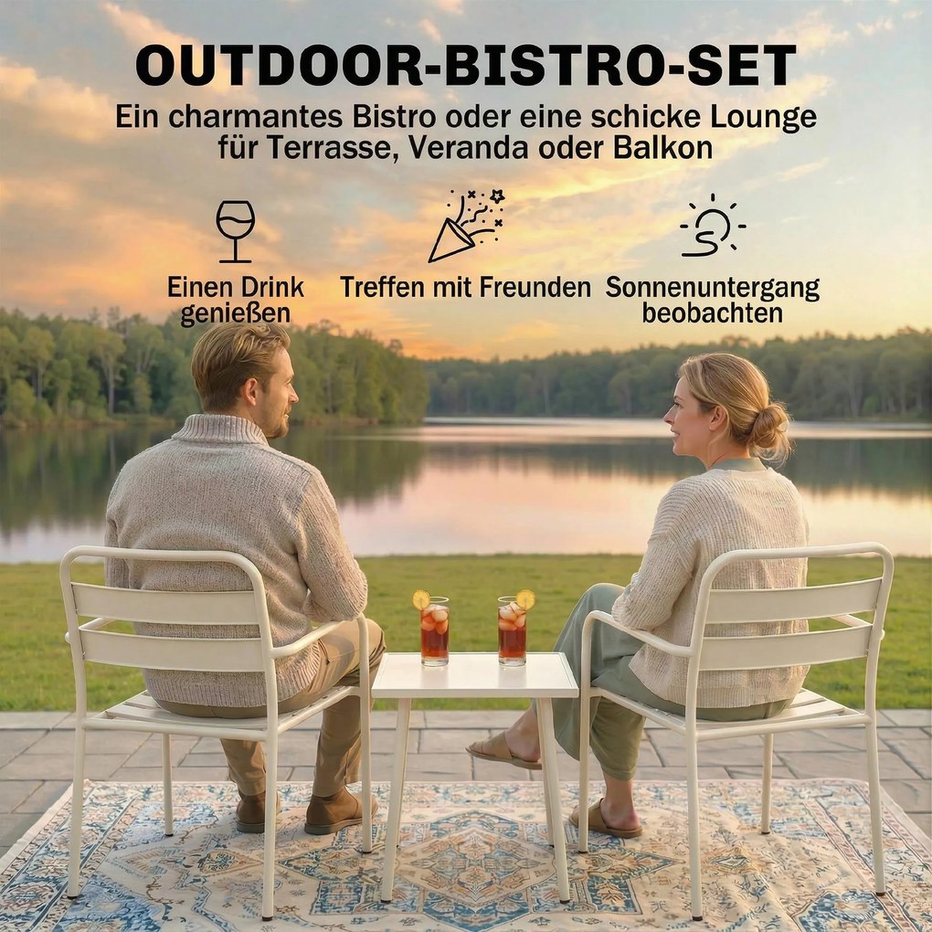 Outsunny Bistro set 3dílná sada kovového zahradního nábytku se 2 zahradními židlemi, skleněný stůl, lamelový design, odolný proti korozi