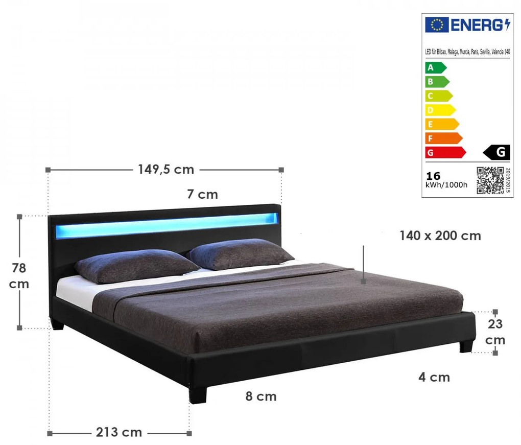 Goleto Čalouněná postel Paris 140 x 200 cm s LED osvětlením | černá