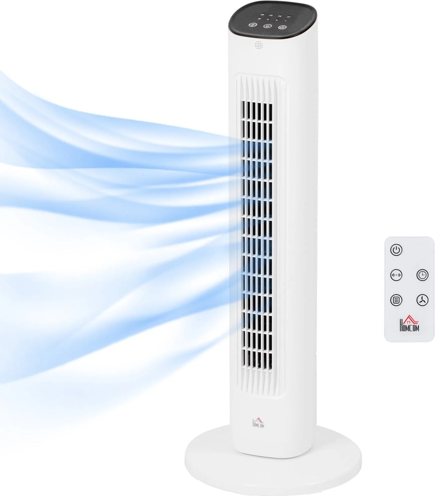 HOMCOM 50W věžový ventilátor s dálkovým ovládáním, tichý ventilátor s 3 rychlostmi, 15h časovačem, 85° oscillací, LED displejem, 30x30x78 cm, Bílá | A