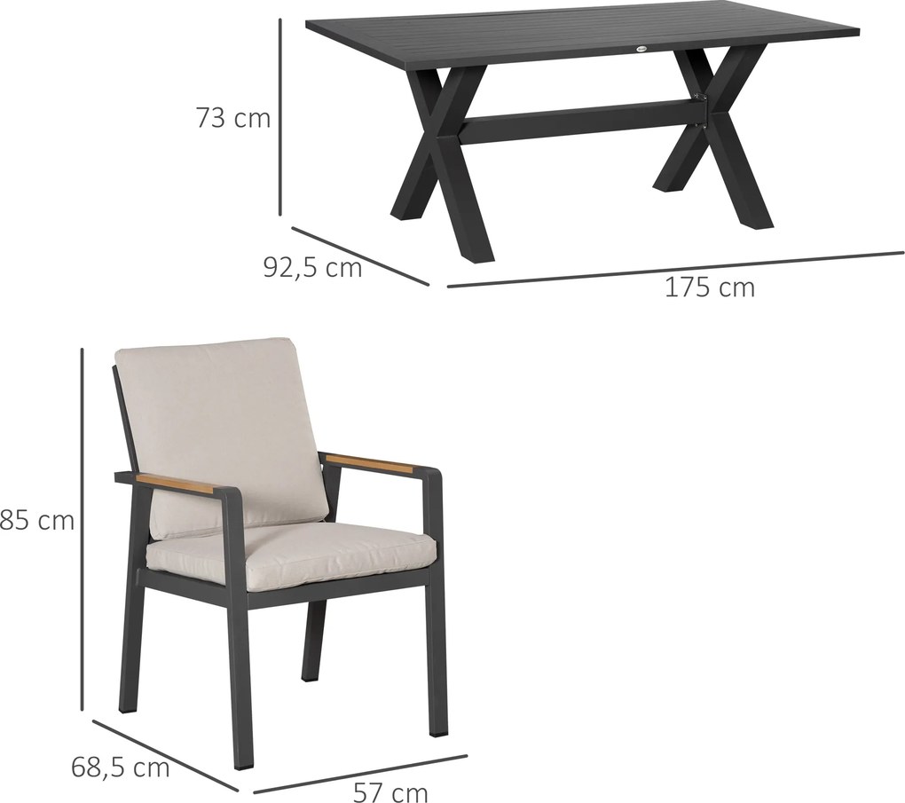 Outsunny 7dílná jídelní souprava pro zahradní patio - 1 stůl + 6 židlí s polštáři, weatherproof hliníkový rám, černá + šedá