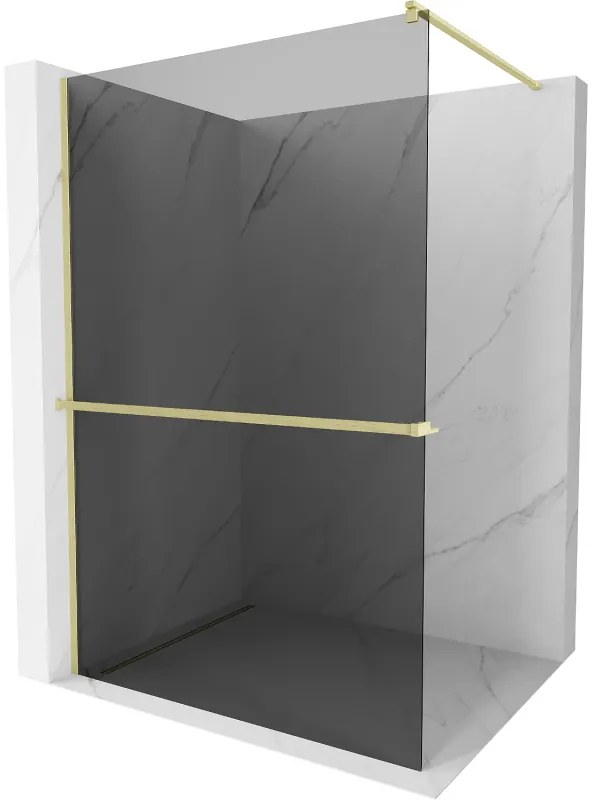 Mexen Kioto+, sprchová zástěna Walk-In s poličkou a věšákem 120 x 200 cm, 8mm šedé sklo, zlatý matný profil, 800-120-121-55-40