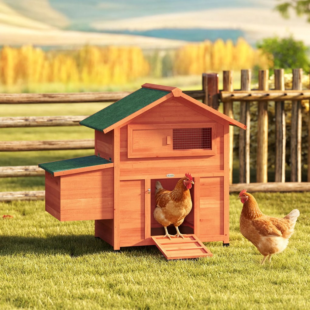 PawHut Kurník Dřevěný kurník s hnízdním boxem 2 bidýlka Rampa Okno Vodotěsná střecha 113,5x67,5x95,5 cm Oranžová barva