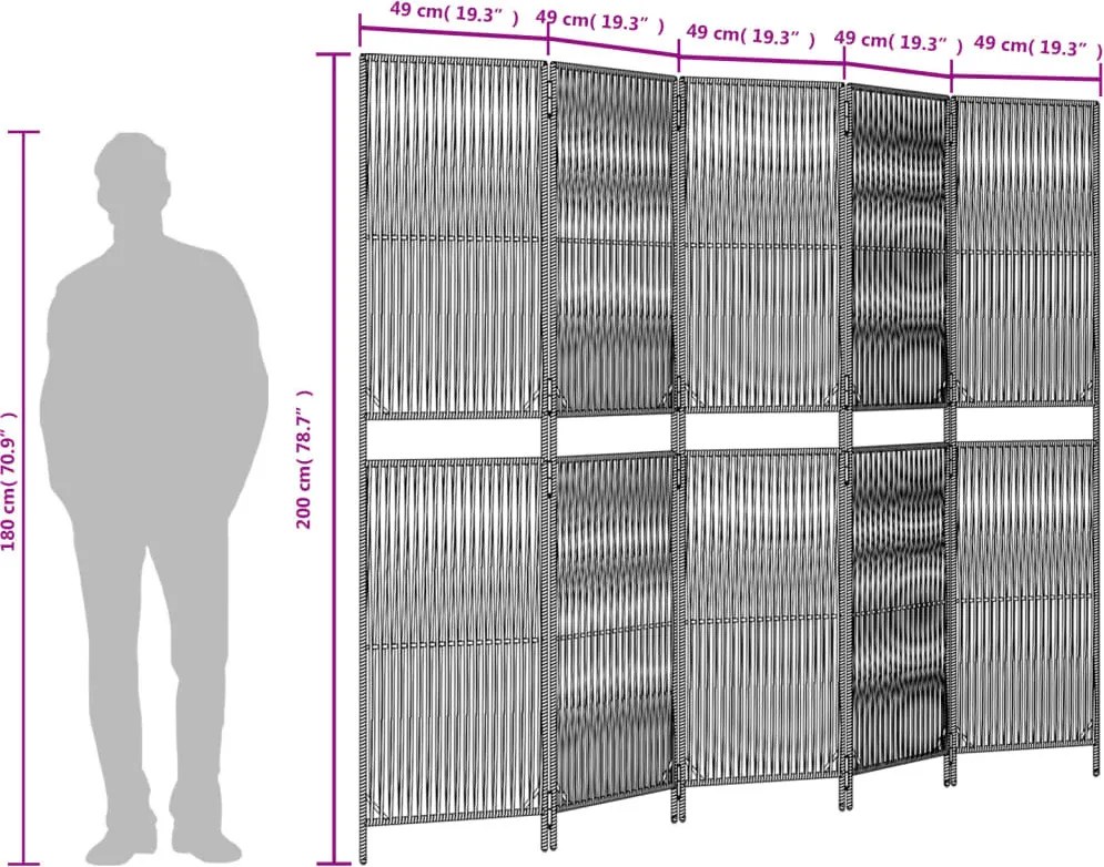 vidaXL Dělicí stěna 5 panelů polyratan [365399] Barva: Hnědá