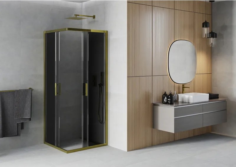 Mexen Rio, čtvercový sprchový kout s posuvnými dveřmi 70 (dveře) x 70 (dveře) x 190 cm, 5mm šedé sklo, zlatý profil, 860-070-070-50-40