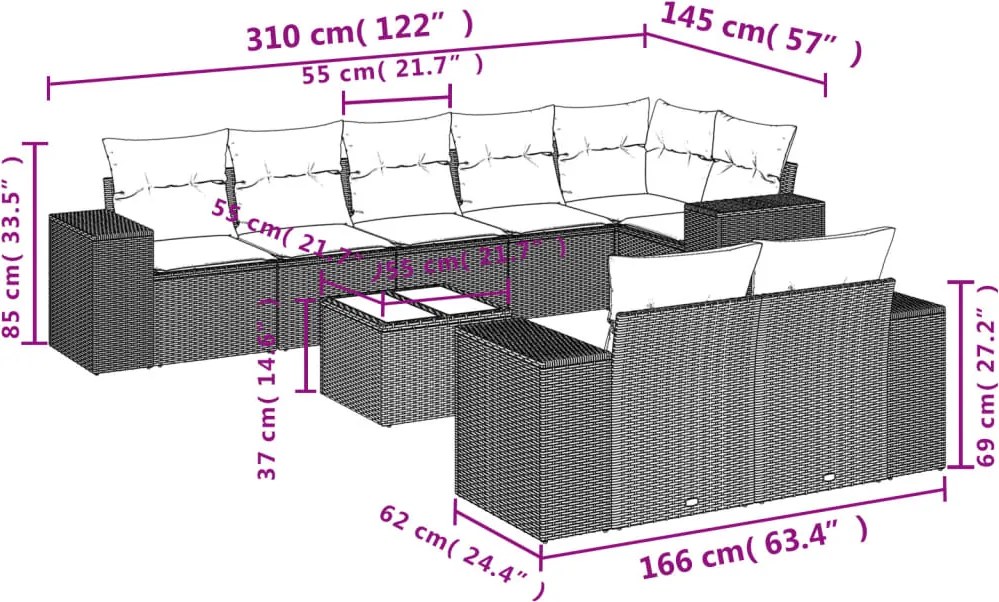 9dílná zahradní sedací souprava s poduškami černá polyratan 3255162