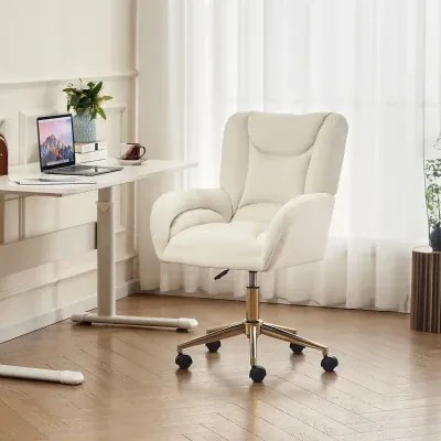 Aosom Výškově nastavitelná otočná židle, sametová látka a zlaté nohy, ergonomický design, do kanceláře, ložnice, 62x64x88-97 cm, slonovinová