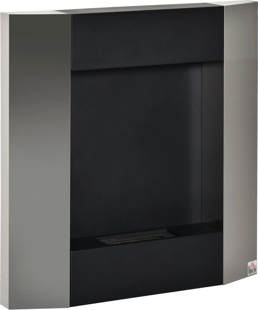 HOMCOM Nástěnný Bioetanolový Krb s 0,7L Nádrží a Krytem pro 20m², Ocel, 72x11x72cm, Stříbrný a Černý | Aosom