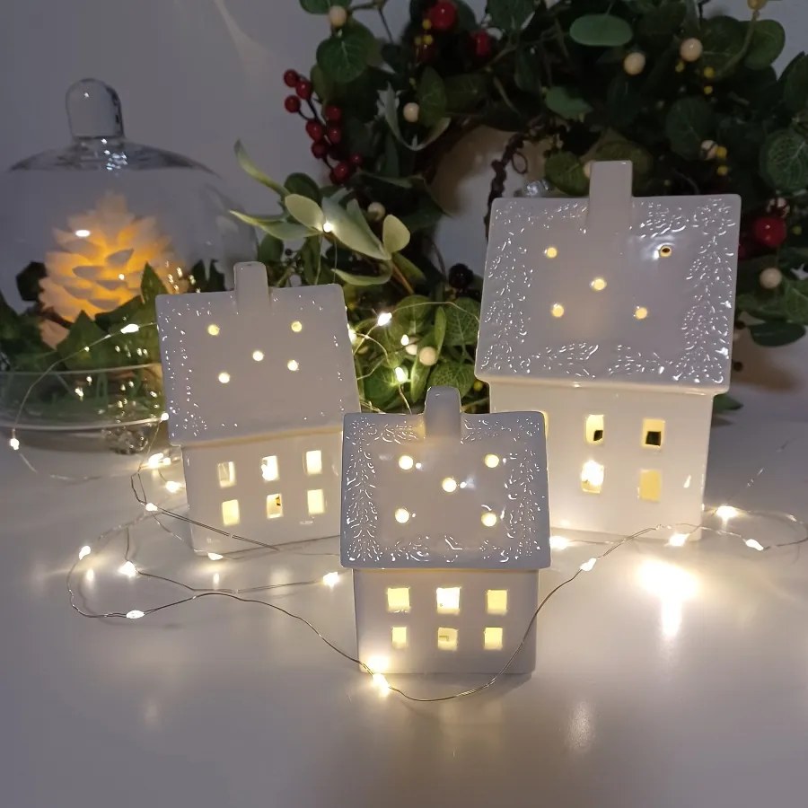 LED dekorace keramický domeček, 8,5 × 6,9 × 12,9 cm, teple bílá, 2× LR44