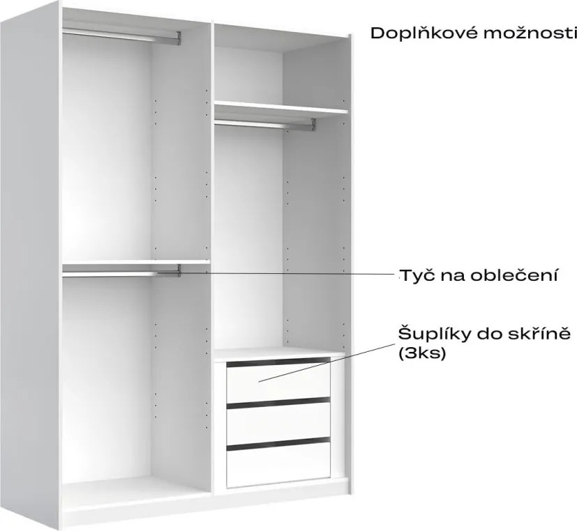 Skříň s posuvnými dveřmi 1,5x2,1m (Dveře Lesklé Bílé/Zrcadlo), série N Family