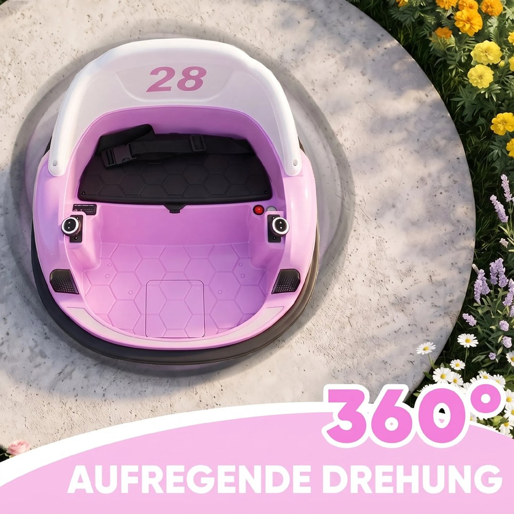 AIYAPLAY Autodráha, 360° rotace, rychlost 2 km/h, bezpečnostní pás, LED světla, hudba a klakson, růžová