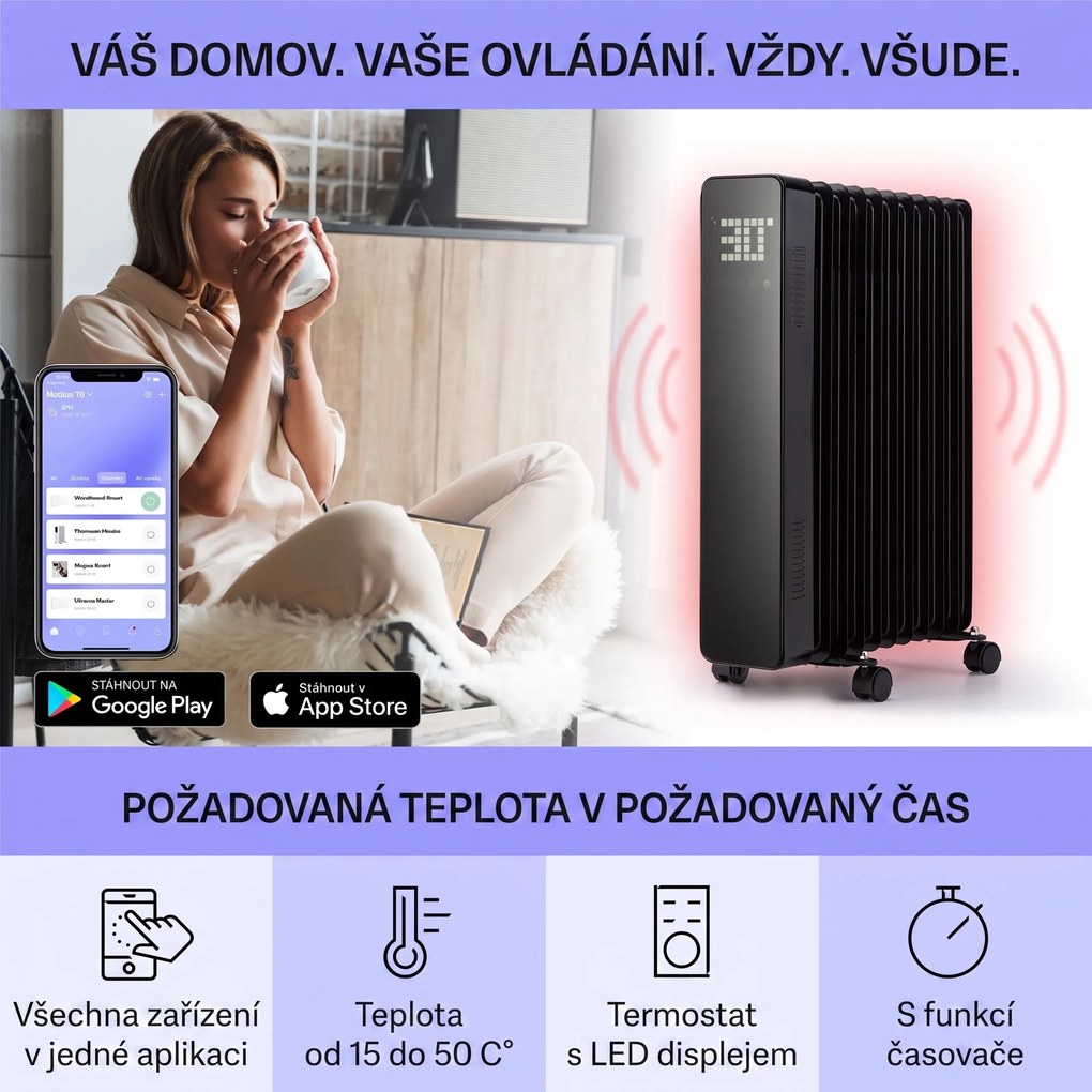 Klarstein Sanford Smart, olejový radiátor, 2500 W, časovač, LED dotykový panel, ovládání pomocí aplikace