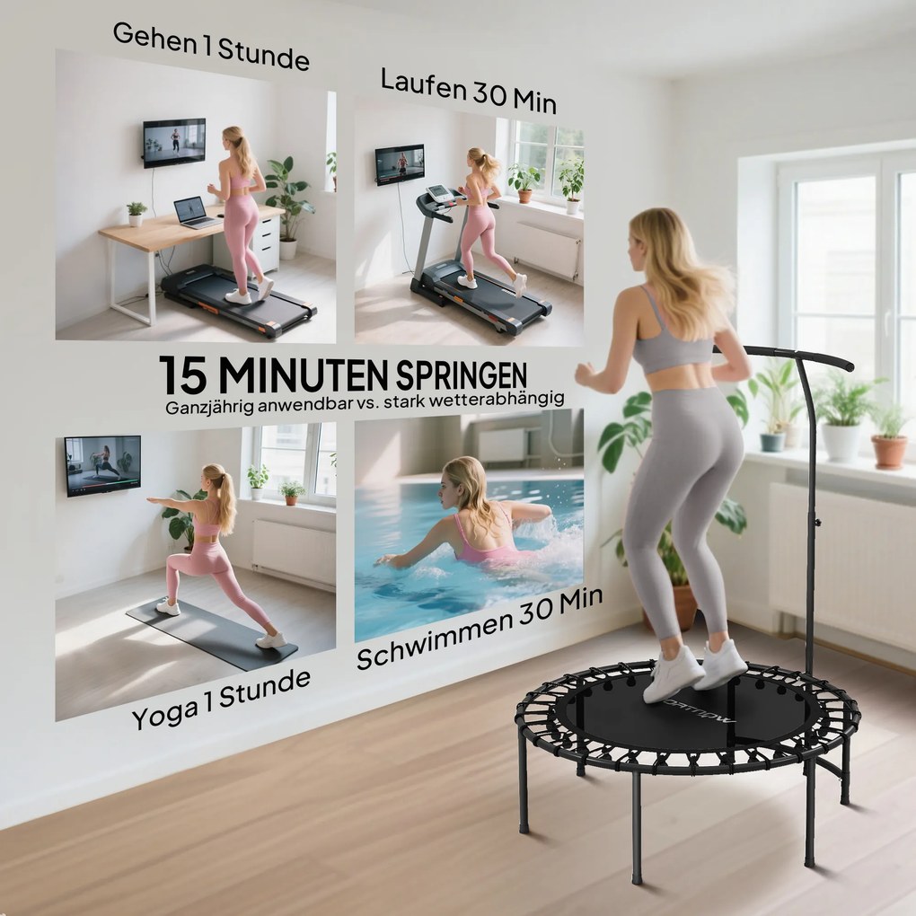 SPORTNOW Rebounder trampolína, 5stupňově nastavitelná rukojeť, workout trampolína, černá