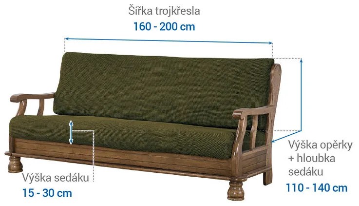 Super strečové potahy NIAGARA zelená trojkřeslo s dřevěnými rukojeťmi (š. 160 - 200 cm)