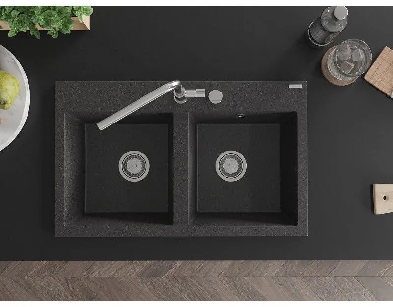 Mexen Hektor, 2-komorový granitový dřez 800x480x205 mm, černá skvrnitá, chromový sifon, 6521802000-76