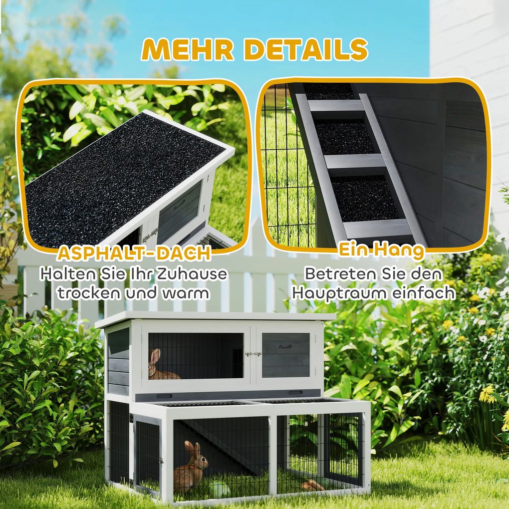 PawHut Kotec pro králíky 2 patra se skládací střechou, dřevěná králičí klec, zimní dvoupodlažní dům s výběhem 122x95x93,5 cm, venkovní úkryt pro malé…