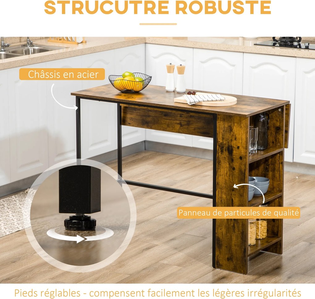 HOMCOM Barový Stůl se Skladem Bistro Stůl Centrální Ostrov Skládací Boční Deska a 3 Polic - 120 x 76 x 91,4 cm Rustikální Hnědá