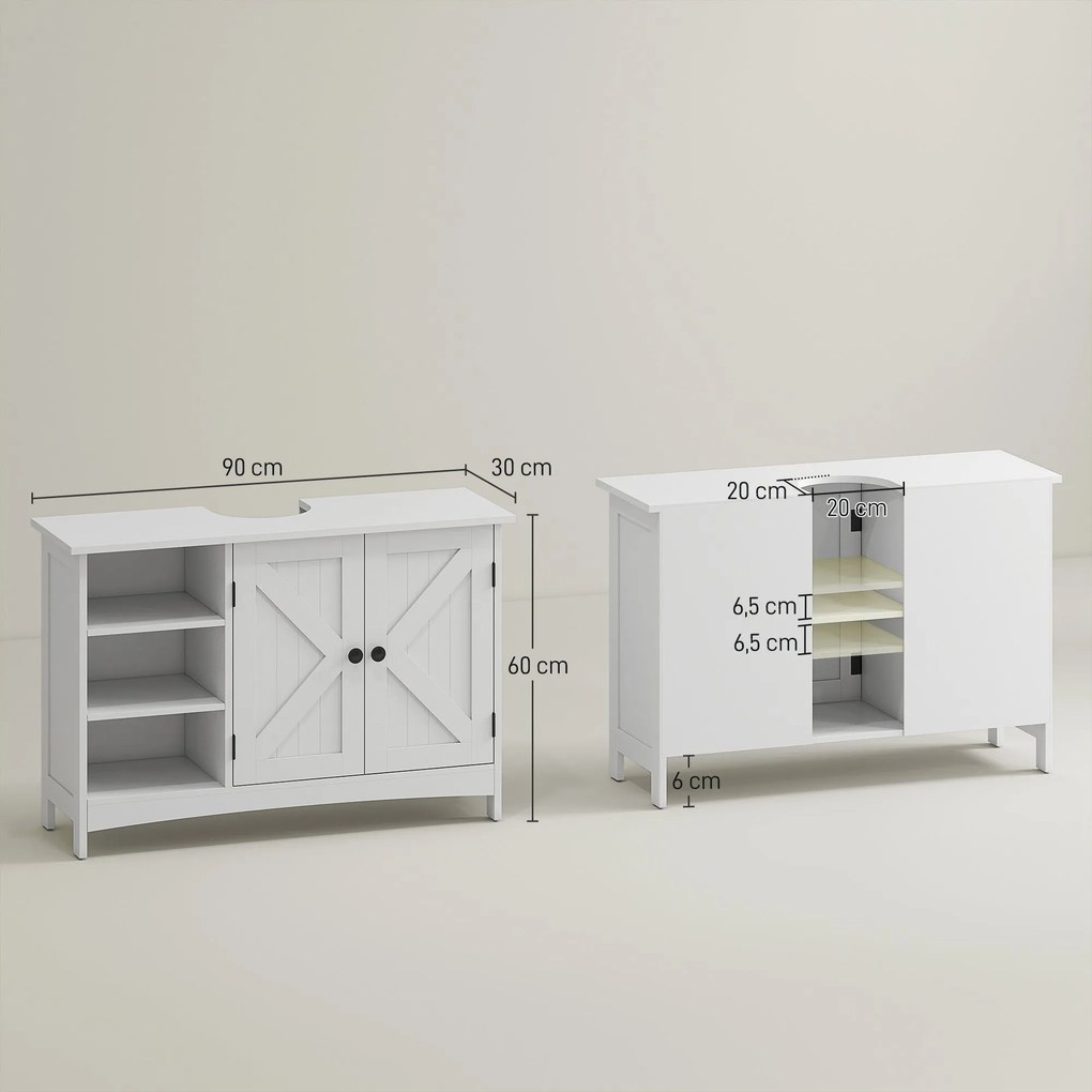 Kleankin Dřevěná Skříňka Pod Umyvadlo s Podstavcem, 2 Dveře a Nastavitelné Policemi, Bezpečnostní Zajištění, Moderní Design, Nosnost 31 kg, 90x30x60 …