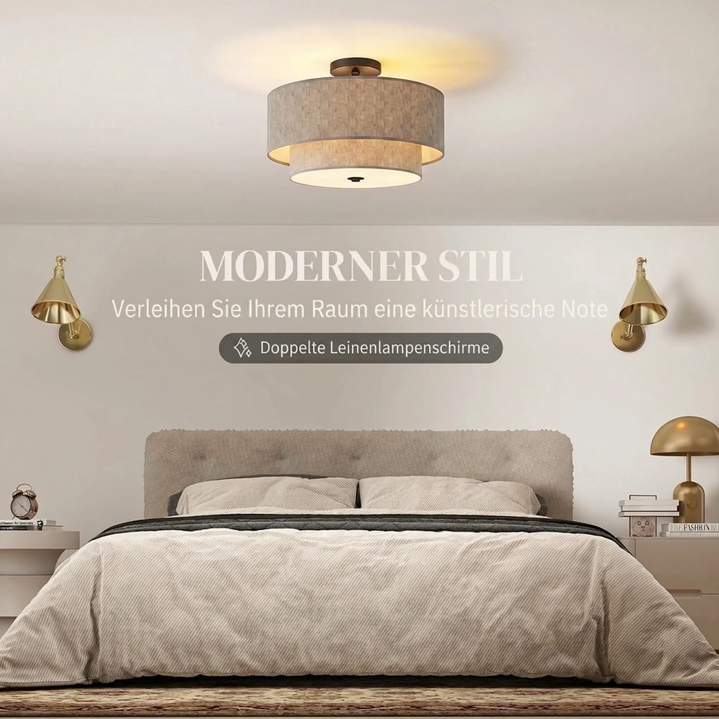 HOMCOM Stropní lampa, závěsná lampa s dvojitým stínidlem v lněném vzhledu, taupe